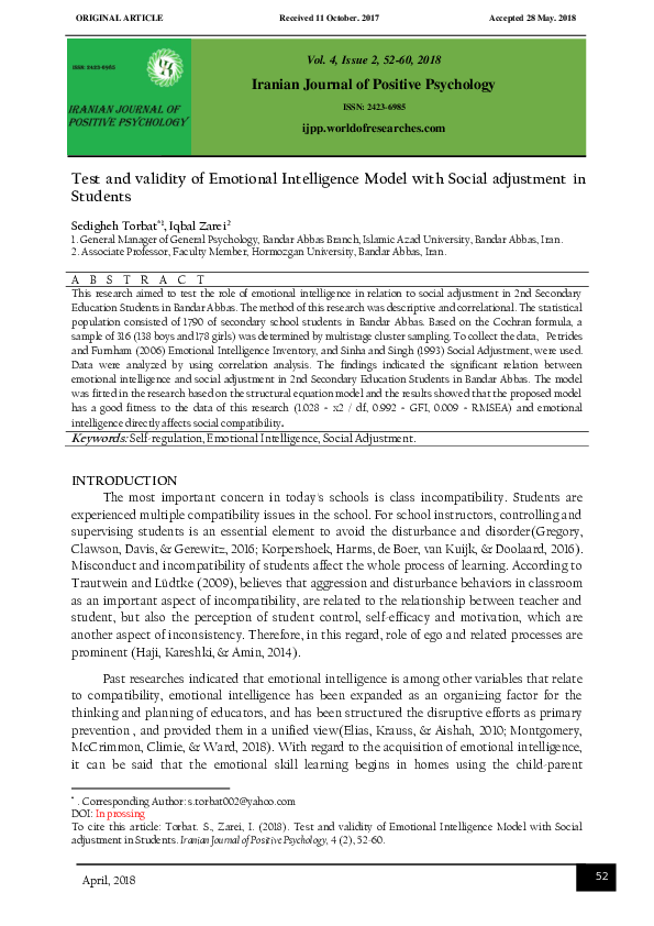 (PDF) Test and validity of Emotional Intelligence Model with Social ...