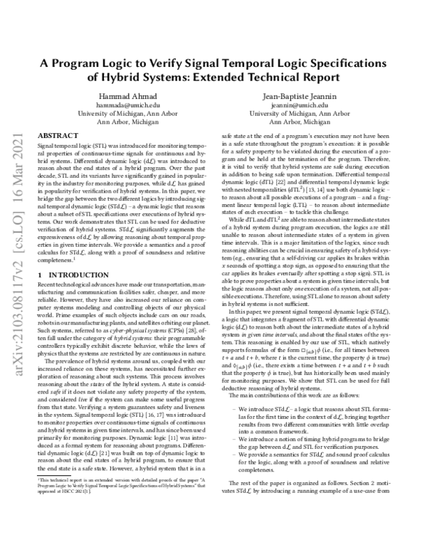 (PDF) A Program Logic to Verify Signal Temporal Logic Specifications of ...