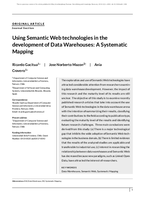 (PDF) Using Semantic Web technologies in the development of data warehouses: A systematic mapping