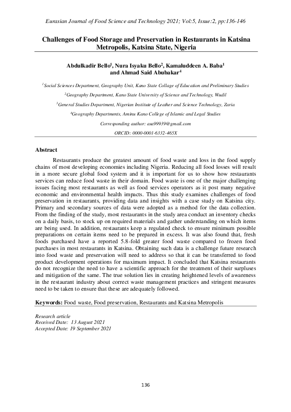 (PDF) Food Waste Challenges in Katsina Restaurants