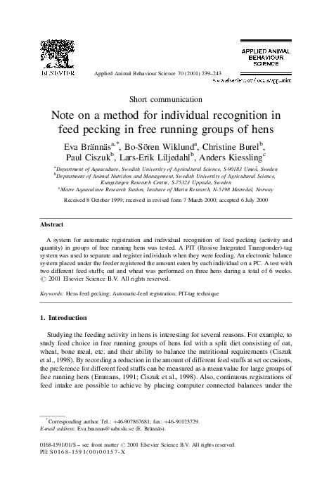 (PDF) Note on a method for individual recognition in feed pecking in ...