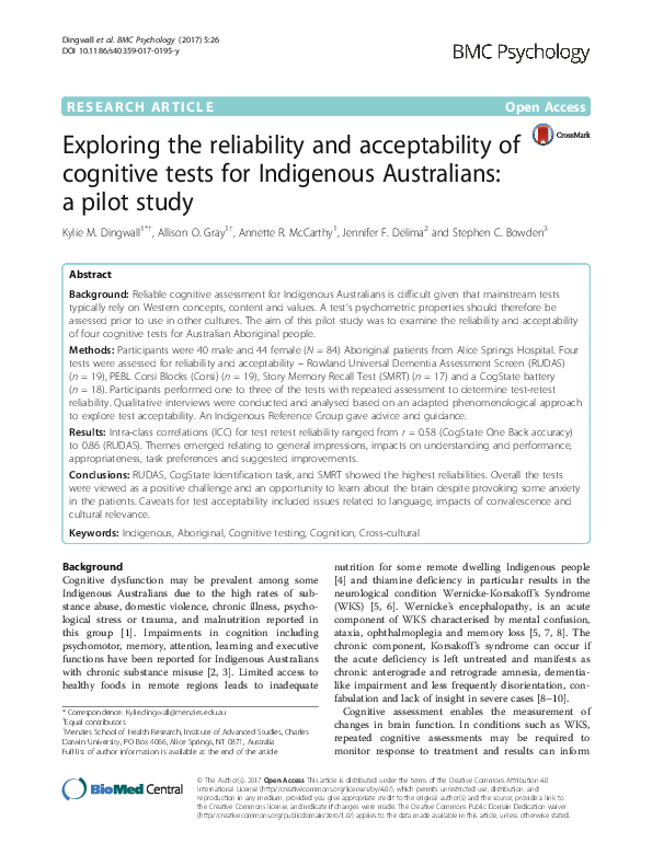 (PDF) Exploring the reliability and acceptability of cognitive tests ...