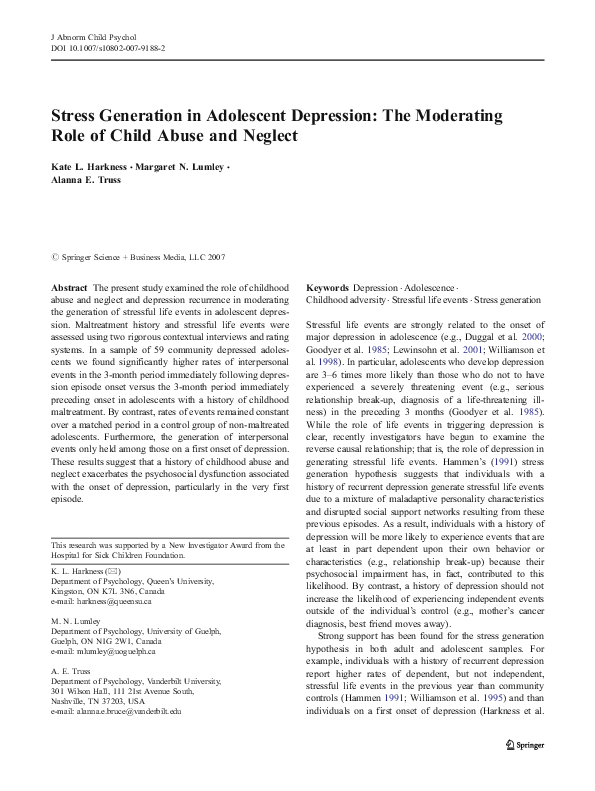 (PDF) Stress Generation in Adolescent Depression: The Moderating Role ...