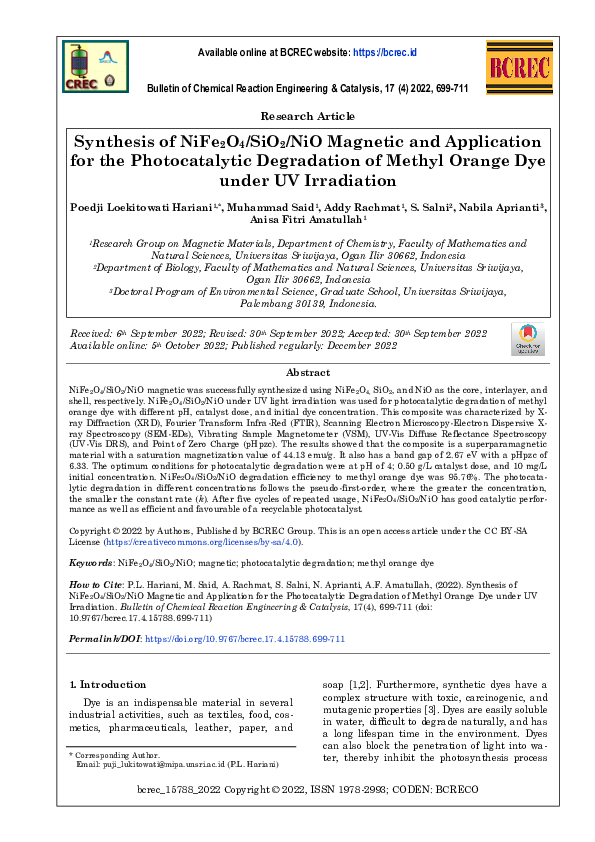 (PDF) Synthesis of NiFe2O4/SiO2/NiO Magnetic and Application for the ...