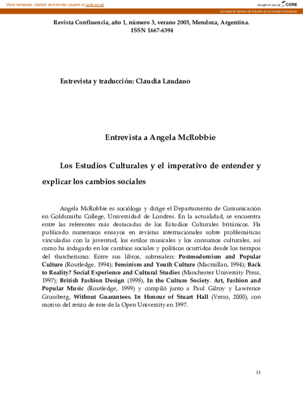 (PDF) Entrevista a Angela McRobbie: los estudios culturales y el ...