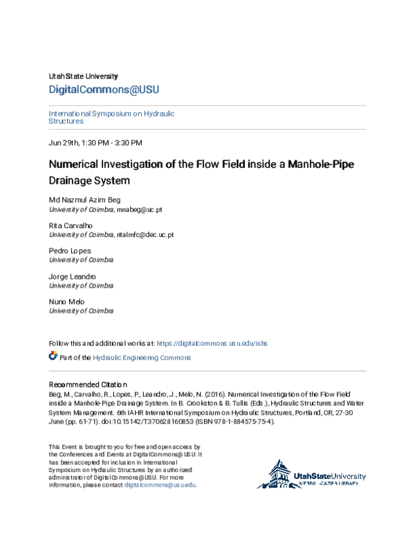 (PDF) Numerical Investigation of the Flow Field inside a Manhole-Pipe Drainage System | Rita F ...