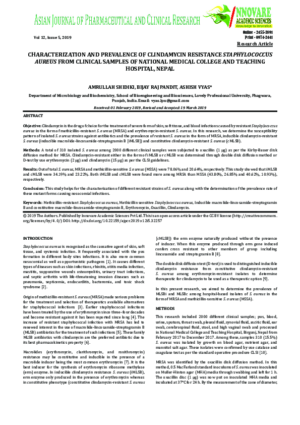 (PDF) Characterization and Prevalence of Clindamycin Resistance ...