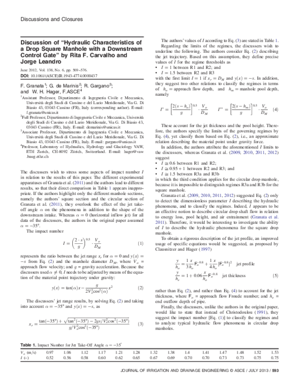(PDF) Closure to “Hydraulic Characteristics of a Drop Square Manhole ...