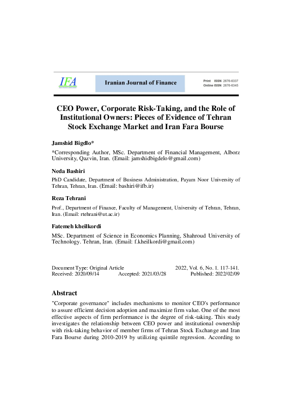 (PDF) CEO Power, Corporate Risk-Taking, and the Role of Institutional ...