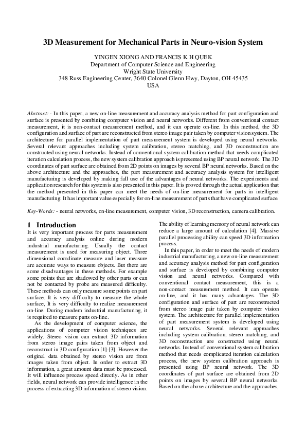 (PDF) 3D Measurement for Mechanical Parts in Neuro-vision System