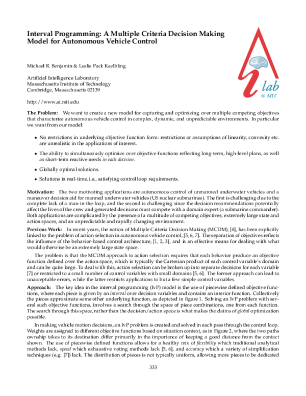 (PDF) Interval Programming: A Multiple Criteria Decision Making Model for Autonomous Vehicle Control
