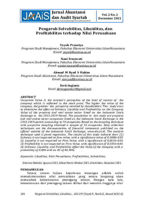 (PDF) Pengaruh Solvabilitas, Likuiditas, dan Profitabilitas terhadap Nilai Perusahaan