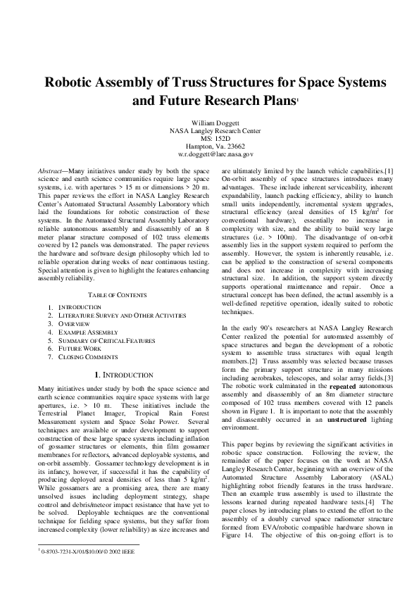 (PDF) Robotic assembly of truss structures for space systems and future ...