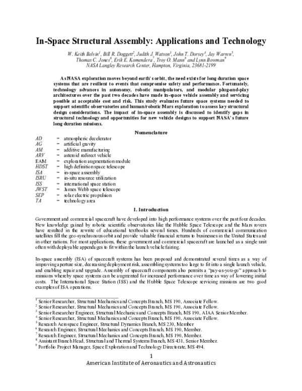 (PDF) In-Space Structural Assembly: Applications and Technology