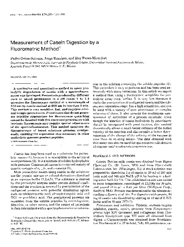 (PDF) Measurement of casein digestion by a fluorometric method