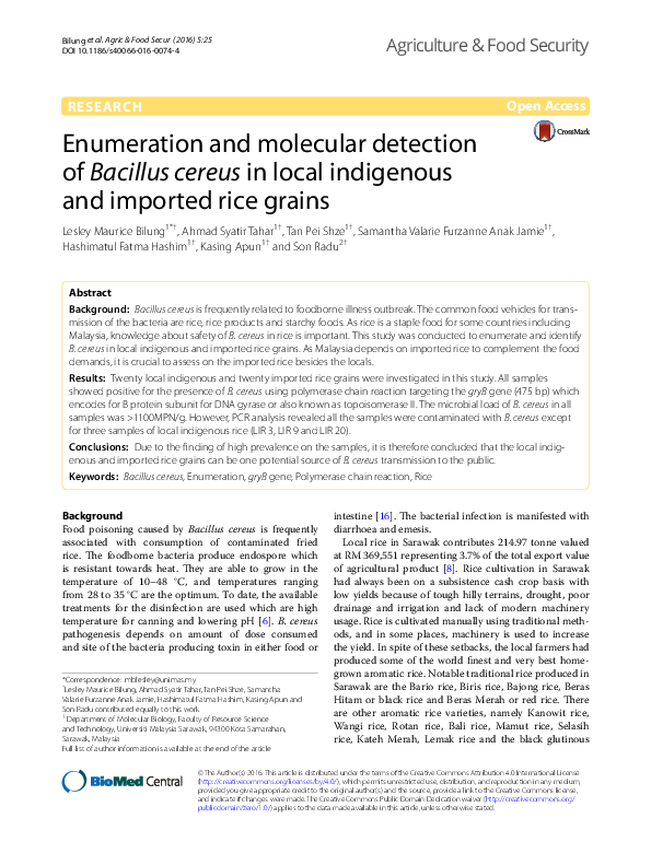 (PDF) Enumeration and molecular detection of Bacillus cereus in local ...