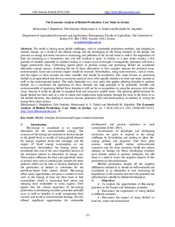 (PDF) The Economic Analysis of Biofuel Production: Case Study in Jordan