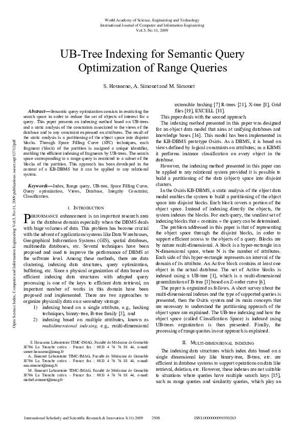 Pdf Ub Tree Indexing For Semantic Query Optimization Of Range Queries Samer Housseno