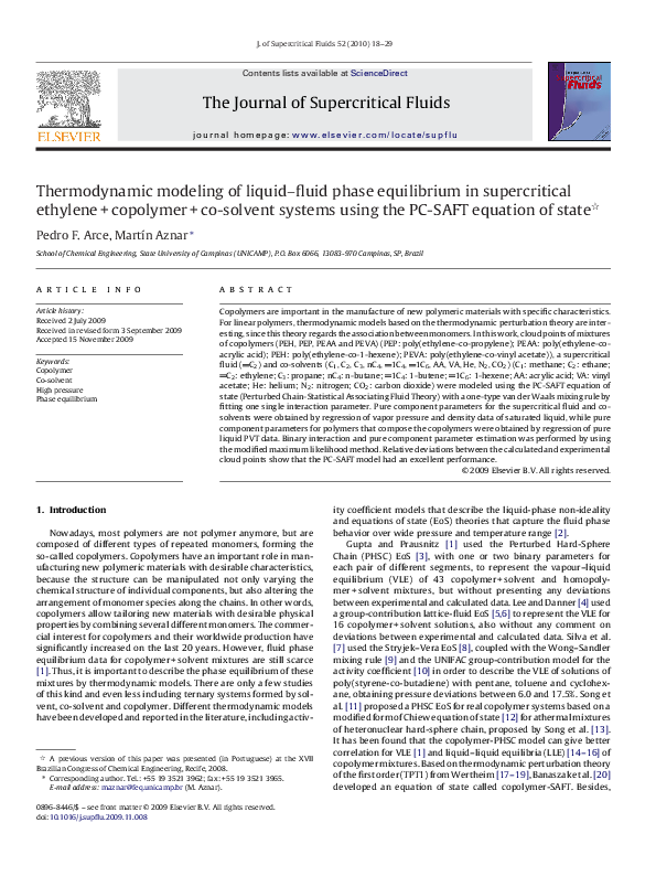(PDF) Thermodynamic modeling of liquid–fluid phase equilibrium in supercritical ethylene ...