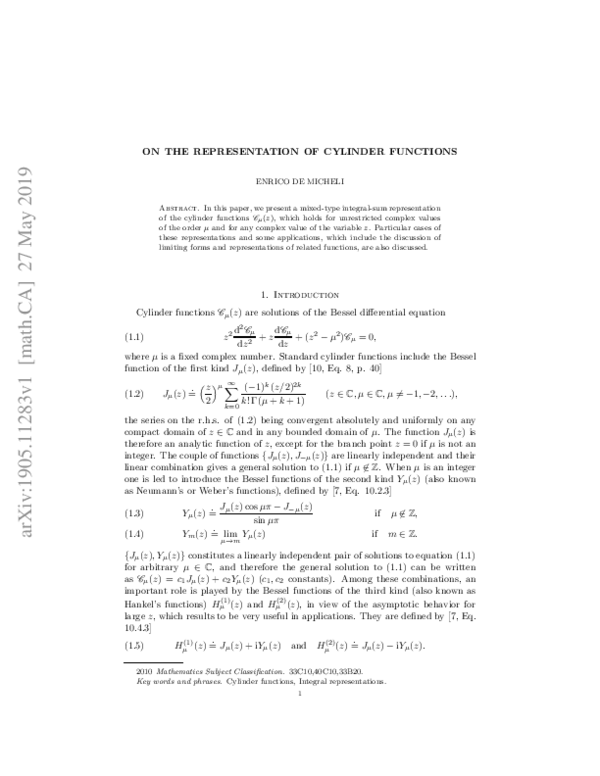 (PDF) On the representation of cylinder functions