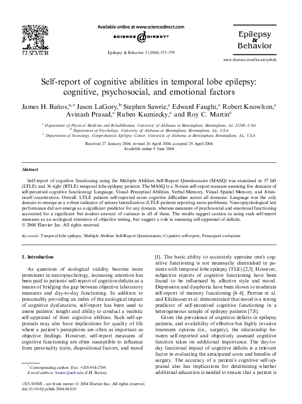 (PDF) Self-report of cognitive abilities in temporal lobe epilepsy: cognitive, psychosocial, and ...