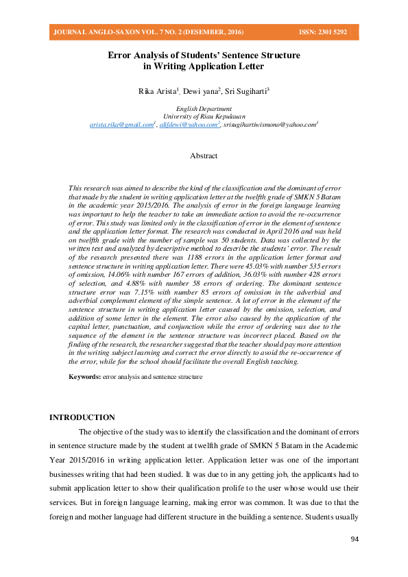 (PDF) Error Analysis of Students’ Sentence Structure in Writing Application Letter