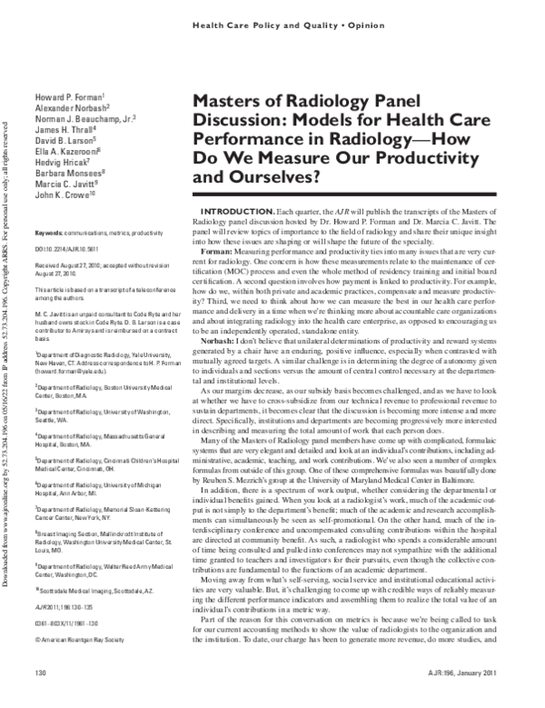 (PDF) Masters of Radiology Panel Discussion: Models for Health Care ...