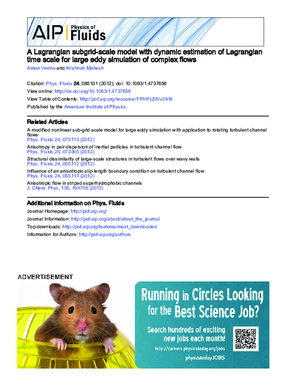 Pdf A Lagrangian Subgrid Scale Model With Dynamic Estimation Of Lagrangian Time Scale For