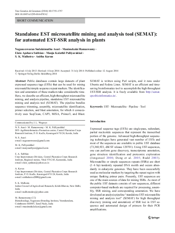 (PDF) Standalone EST microsatellite mining and analysis tool (SEMAT): for automated EST-SSR ...