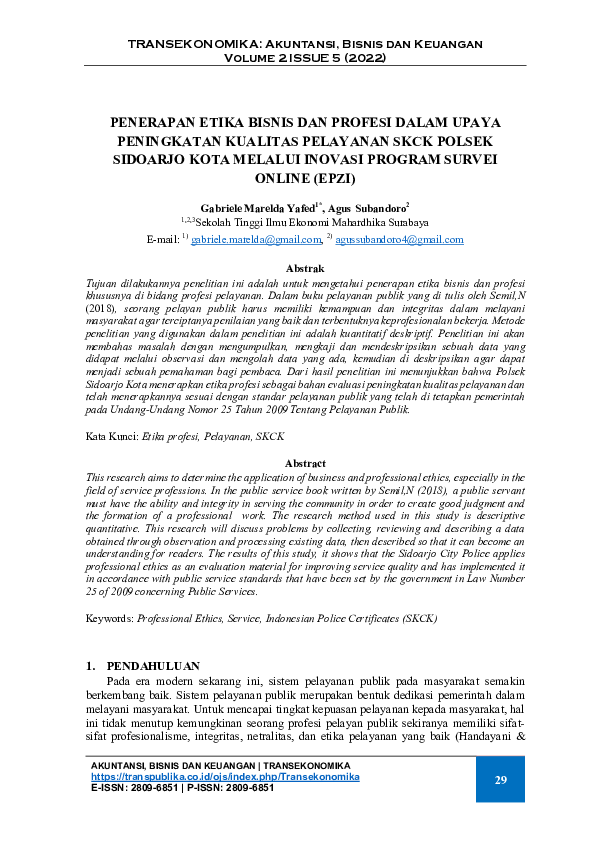 (PDF) Penerapan Etika Bisnis Dan Profesi Dalam Upaya Peningkatan Kualitas Pelayanan SKCK Polsek ...