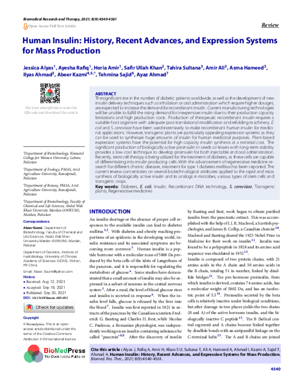 (PDF) Human Insulin: History, Recent Advances, and Expression Systems ...