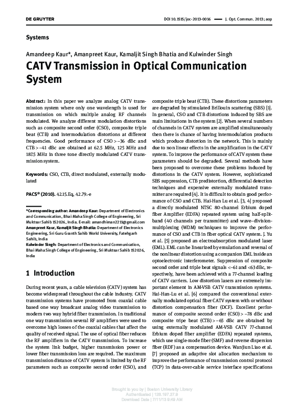 (PDF) CATV Transmission in Optical Communication System