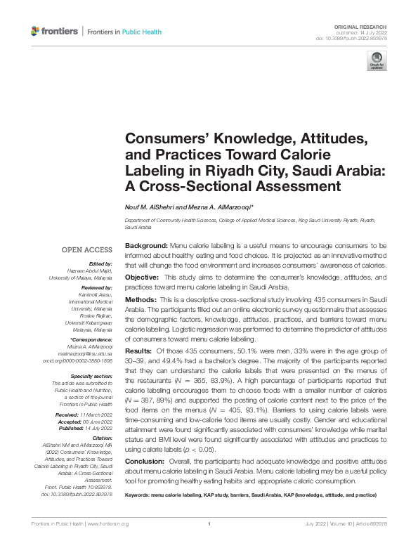 (PDF) Consumers' Knowledge, Attitudes, and Practices Toward Calorie ...