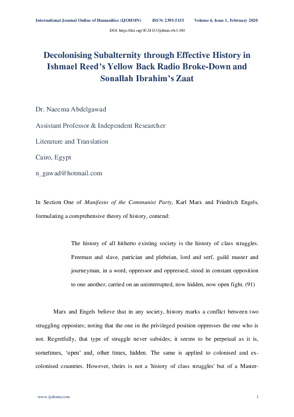 (PDF) Decolonising Subalternity through Effective History in Ishmael ...