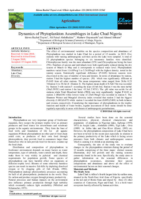(PDF) Dynamics of Phytoplankton Assemblages in Lake Chad Nigeria