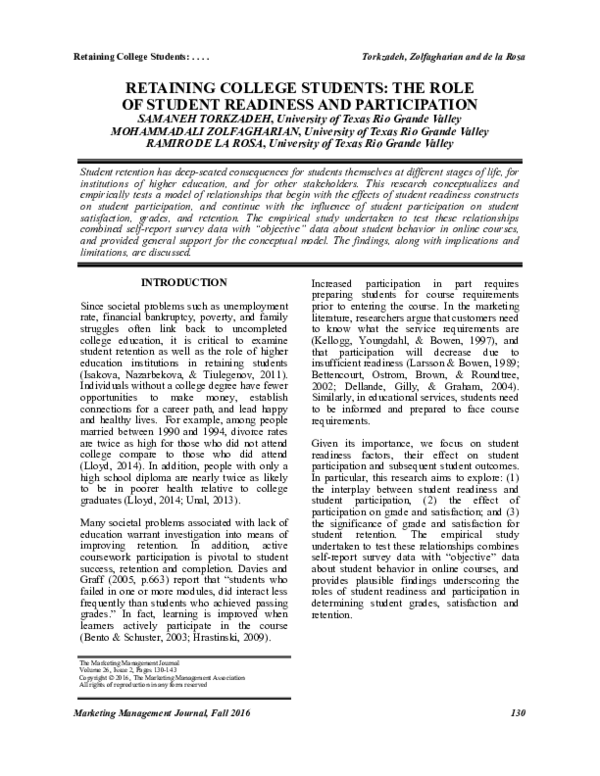 (PDF) Retaining College Students: The Role of Student Readiness and ...