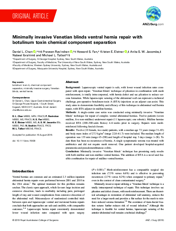 (PDF) Minimally invasive Venetian blinds ventral hernia repair with botulinum toxin chemical ...