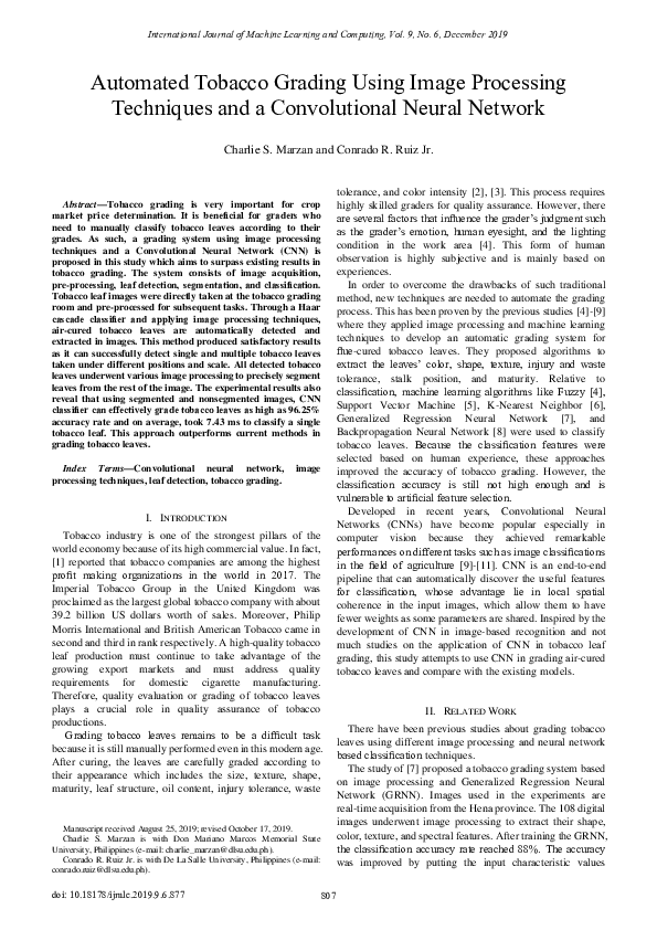 Pdf Automated Tobacco Grading Using Image Processing Techniques And A Convolutional Neural