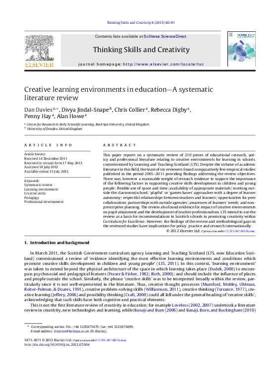 (PDF) Creative learning environments in education—A systematic literature review