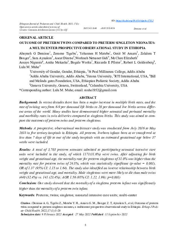 (PDF) Outcome of preterm twins compared to preterm singleton neonates ...