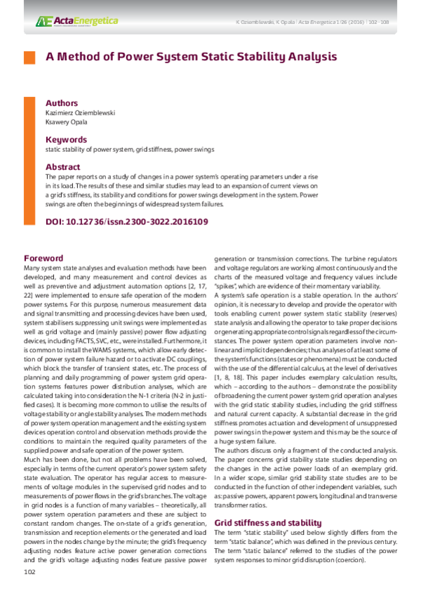 (PDF) A Method of Power System Static Stability Analysis