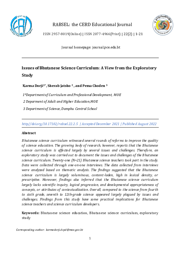 (PDF) Issues of Bhutanese Science Curriculum: A View from the Exploratory Study