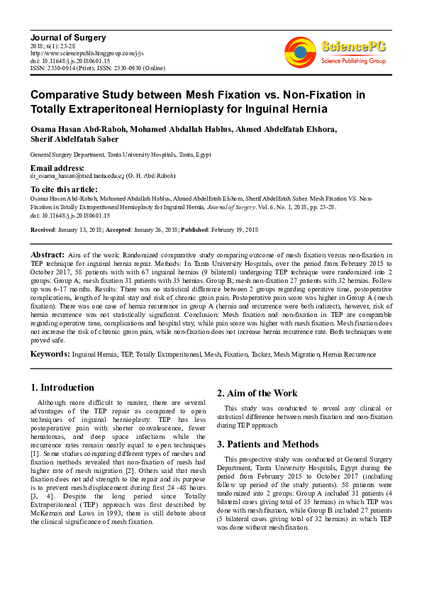 (PDF) Comparative Study between Mesh Fixation vs. Non-Fixation in Totally Extraperitoneal ...