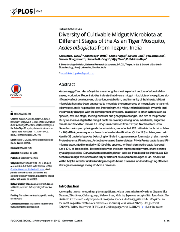 (PDF) Diversity of Cultivable Midgut Microbiota at Different Stages of the Asian Tiger Mosquito ...