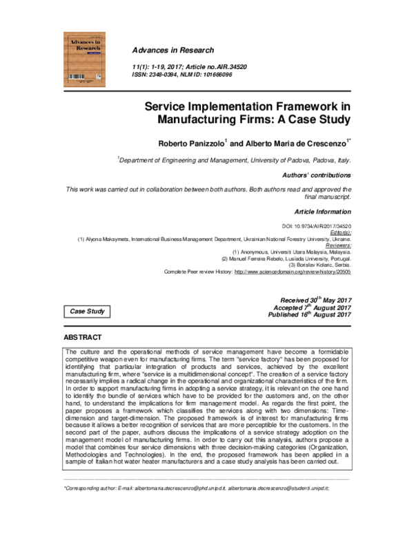 (PDF) Service Implementation Framework in Manufacturing Firms: A Case Study