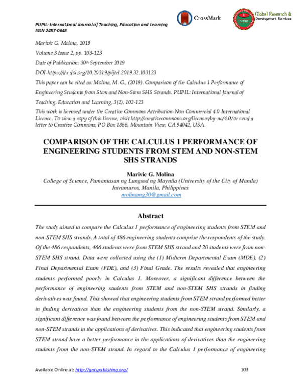 (PDF) Comparison of the Calculus 1 Performance of Engineering Students ...