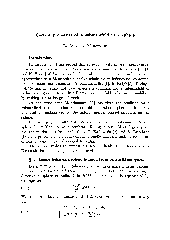 (PDF) Certain properties of a submanifold in a sphere
