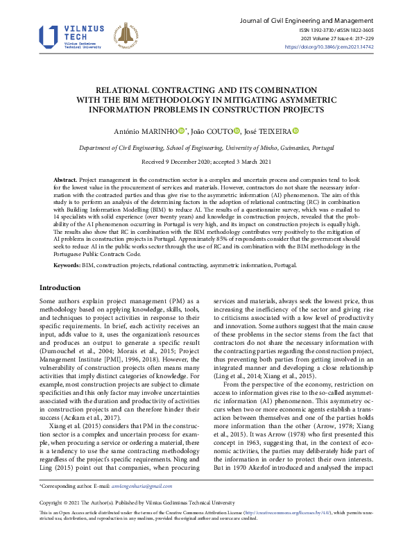 (PDF) Relational Contracting and Its Combination with the Bim Methodology in Mitigating ...