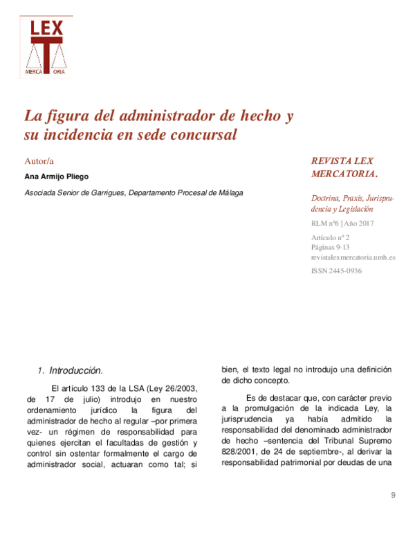 (PDF) La figura del administrador de hecho y su incidencia en sede concursal