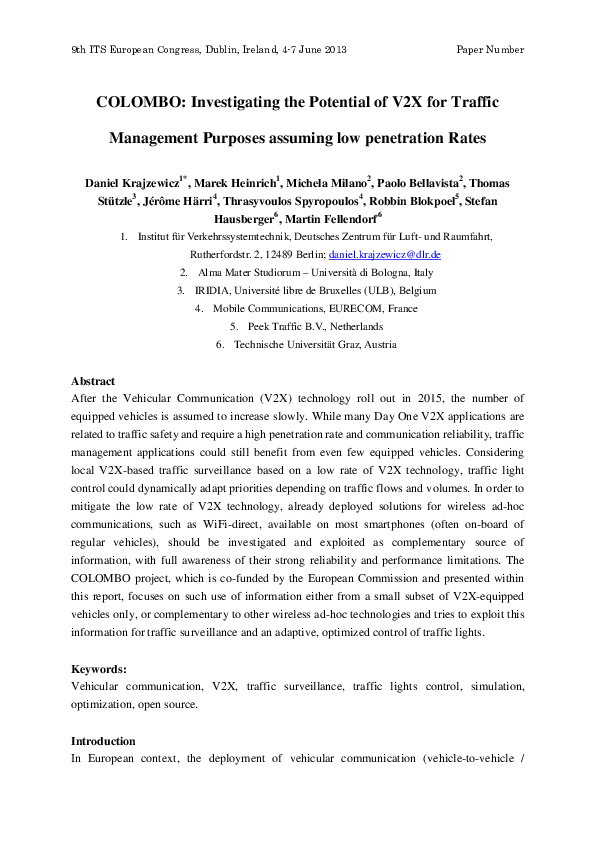 (PDF) COLOMBO: Investigating the Potential of V2X for Traffic ...